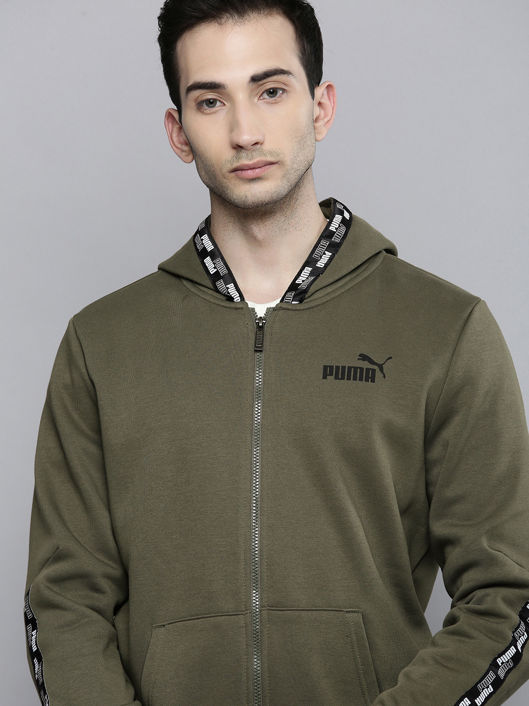 Buy Puma Men Olive Green PUMA POWER Hooded Regular Fit Sporty Track ...