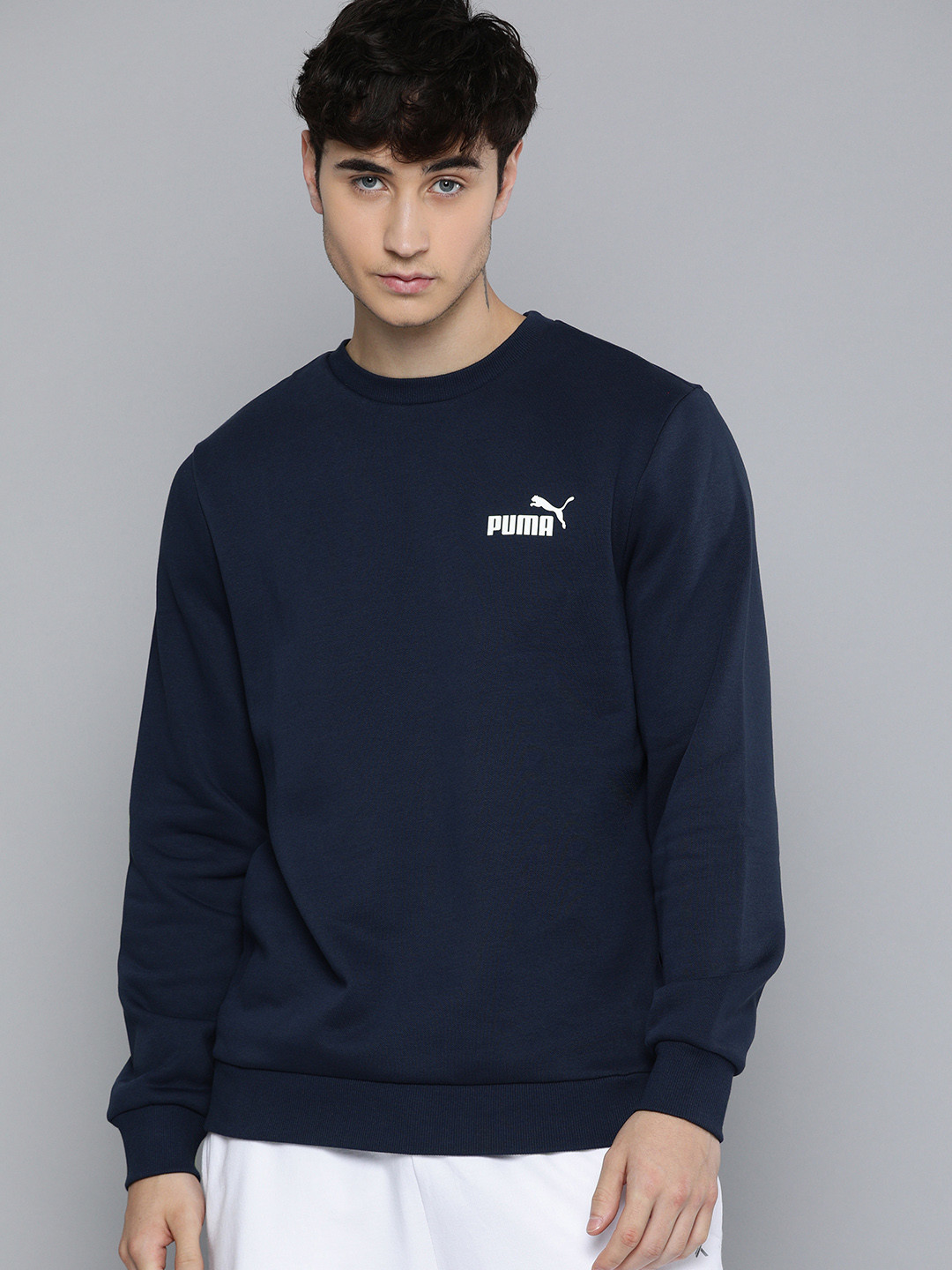 Buy Puma Men Navy Blue & White Solid Essential Small Logo Sweatshirt ...
