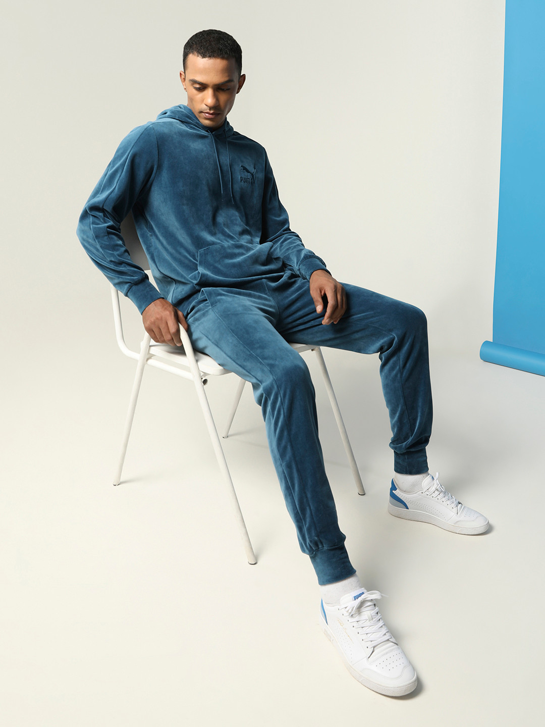 Buy Puma Men Blue Solid Iconic T7 Velour Hooded Pullover Sweatshirt ...