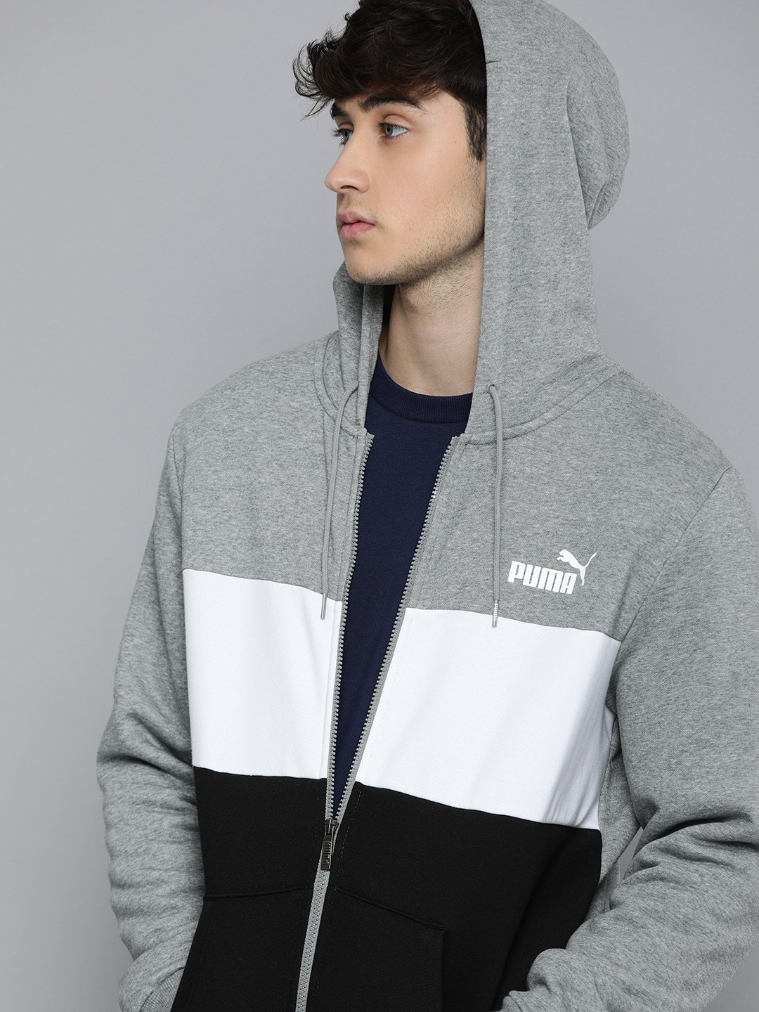Buy Puma Men Black & White Colourblocked Essentials+ Full Zip Hooded ...