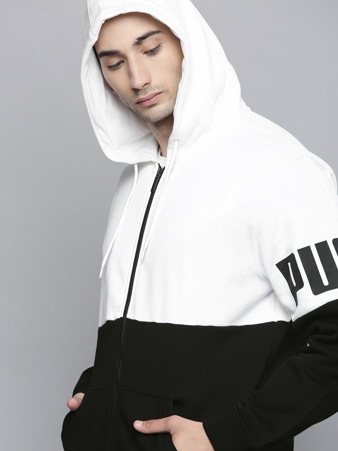 Buy Puma Men White & Black Colourblocked PUMA POWER Hooded Sporty Track ...