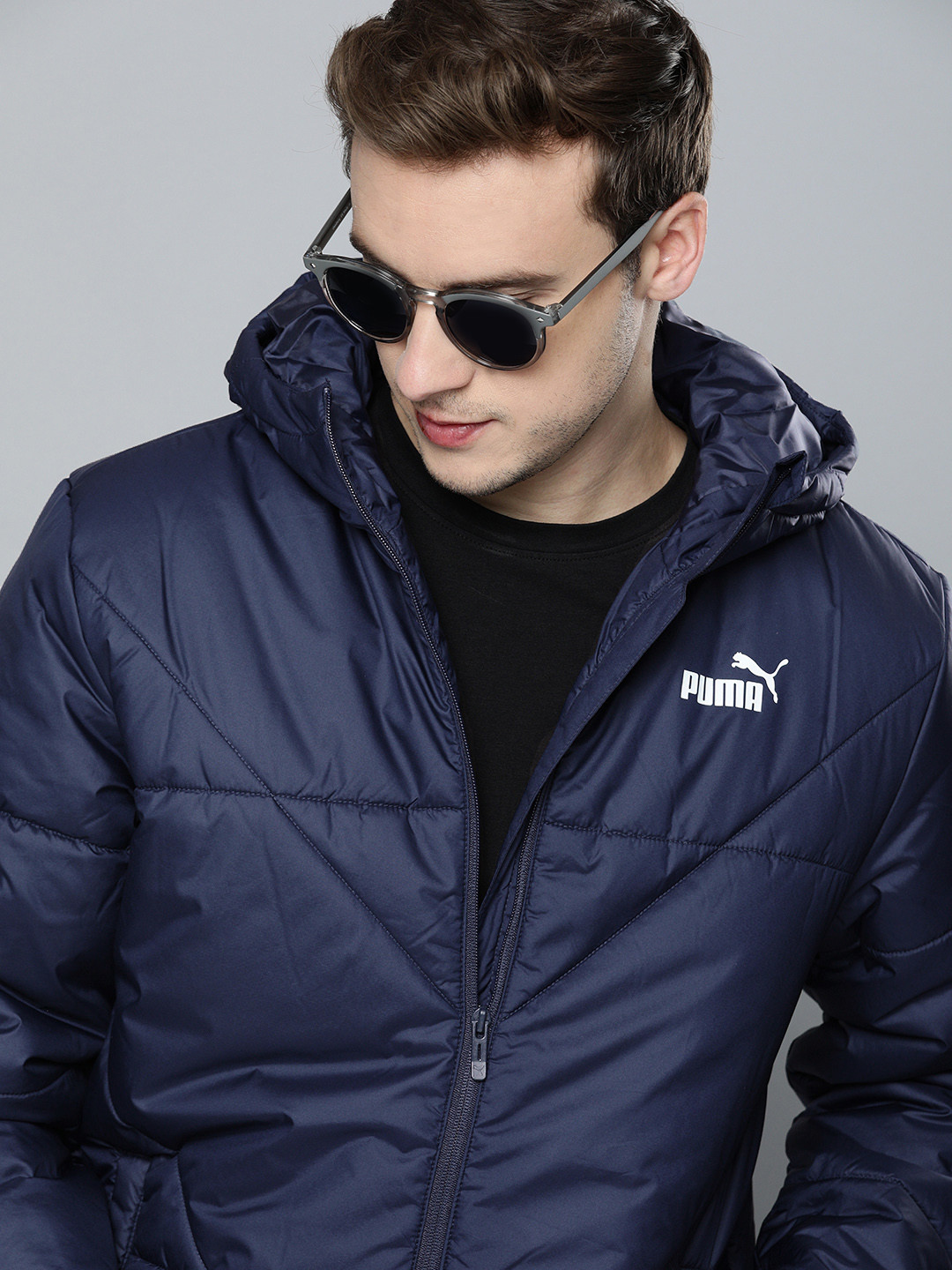 Buy Puma Men Navy Blue Water Repellent Hooded Essential Padded Jacket ...