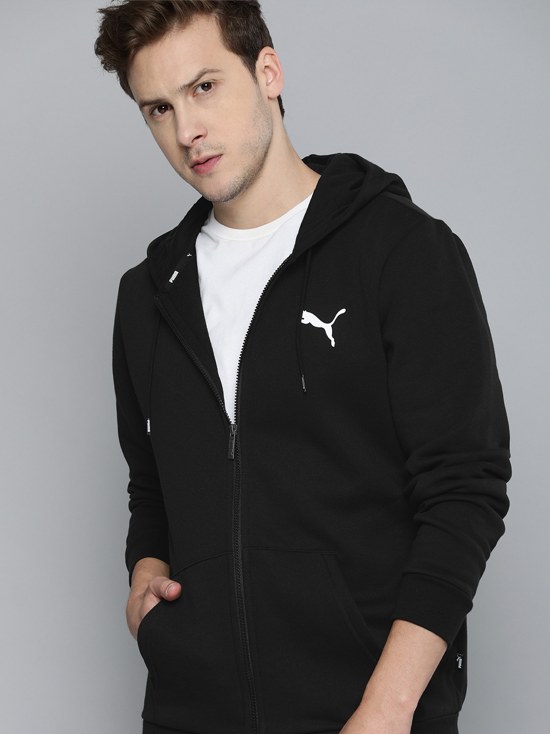 Buy Puma Men Black Solid Full Zip Hoodie Jacket - Jackets for Men ...