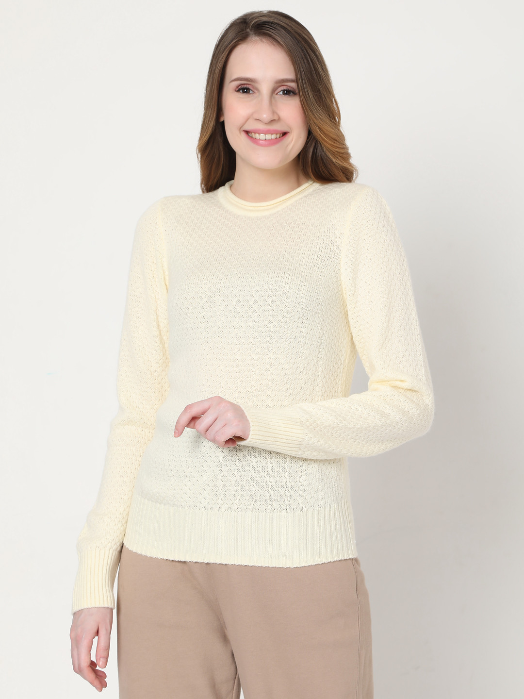 Buy Vero Moda Women Cream Coloured Self Design Knit Pullover - Sweaters ...