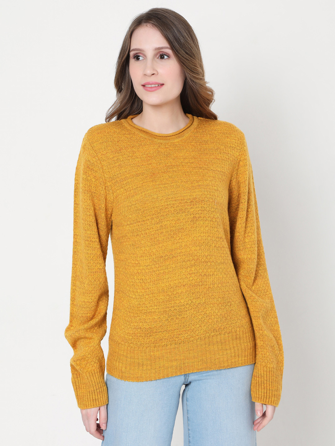 Buy Vero Moda Women Mustard Yellow Self Design Knit Pullover - Sweaters ...