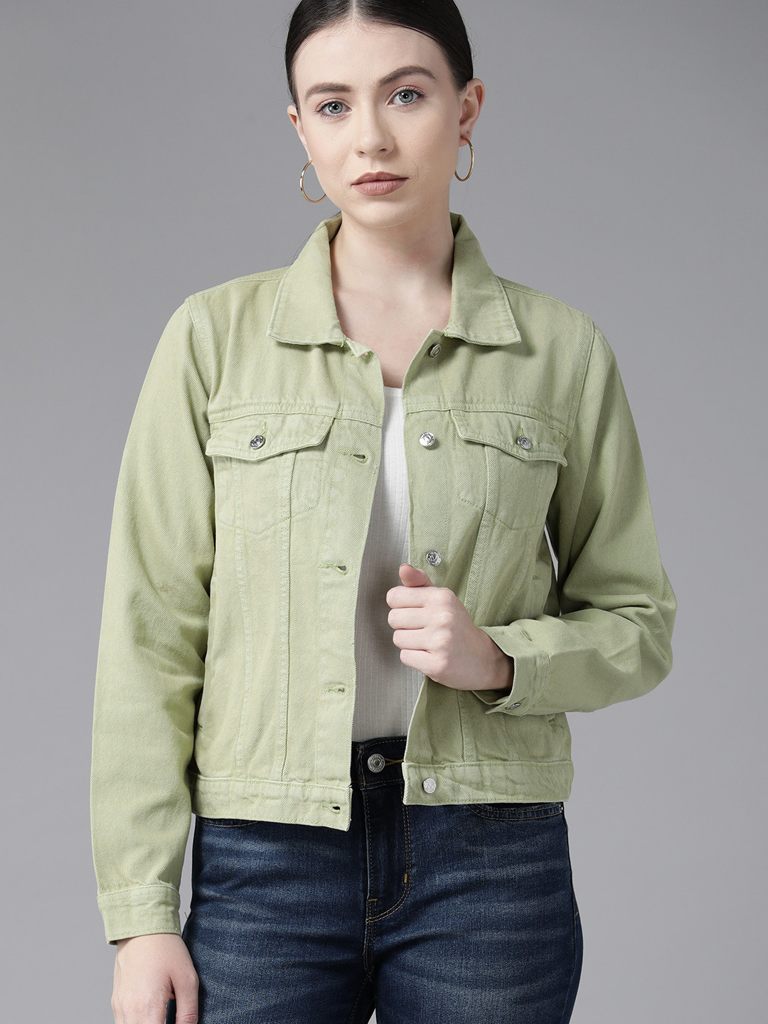 Buy Van Heusen Woman Solid Flap Pockets Detailed Pure Cotton Denim Jacket - Jackets for Women ...