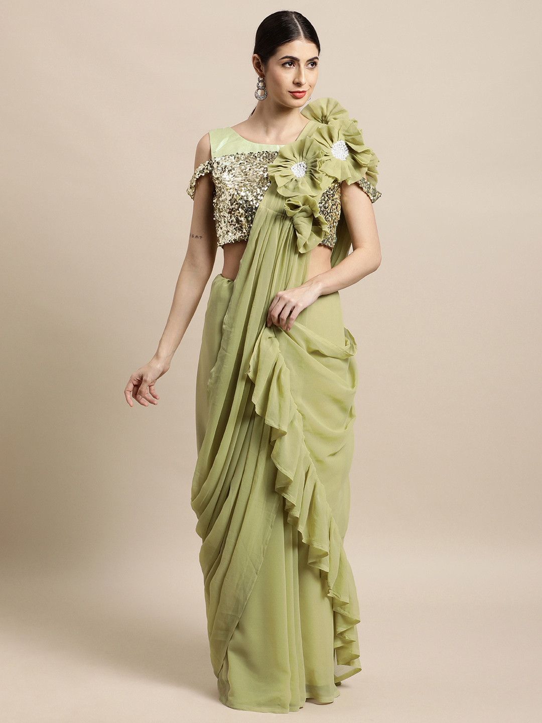Buy Tikhi Imli Olive Green Patchwork Ruffle Saree - Sarees for Women ...