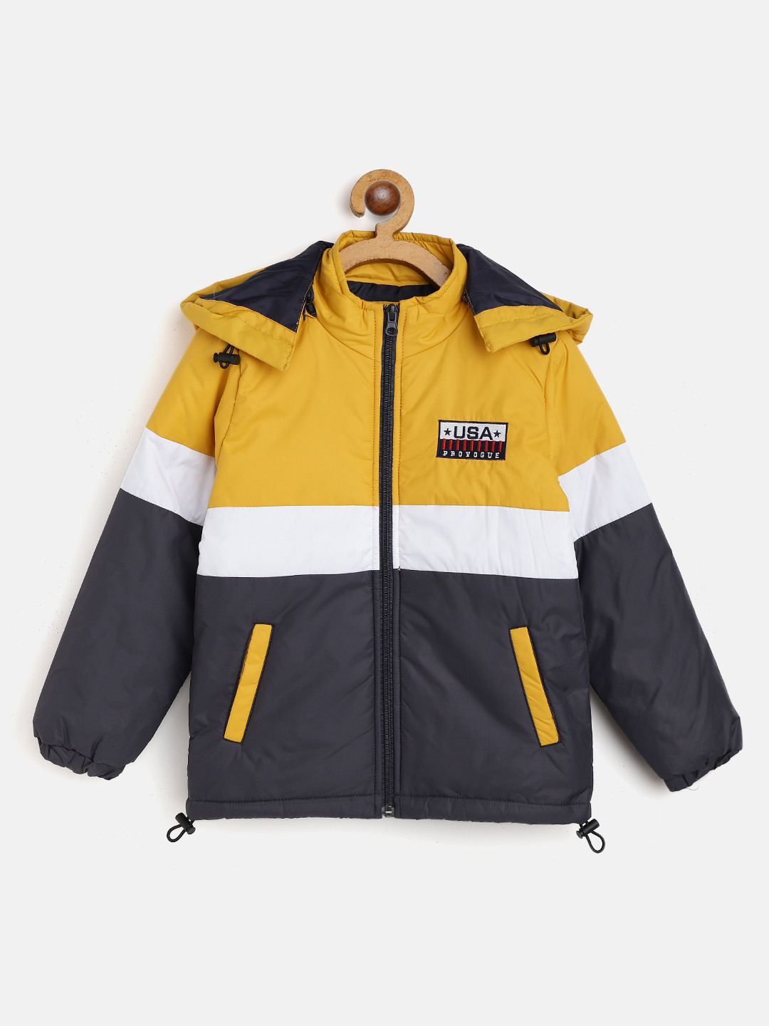 Buy Provogue Boys Mustard Yellow & Navy Colourblock Hood Padded Jacket ...