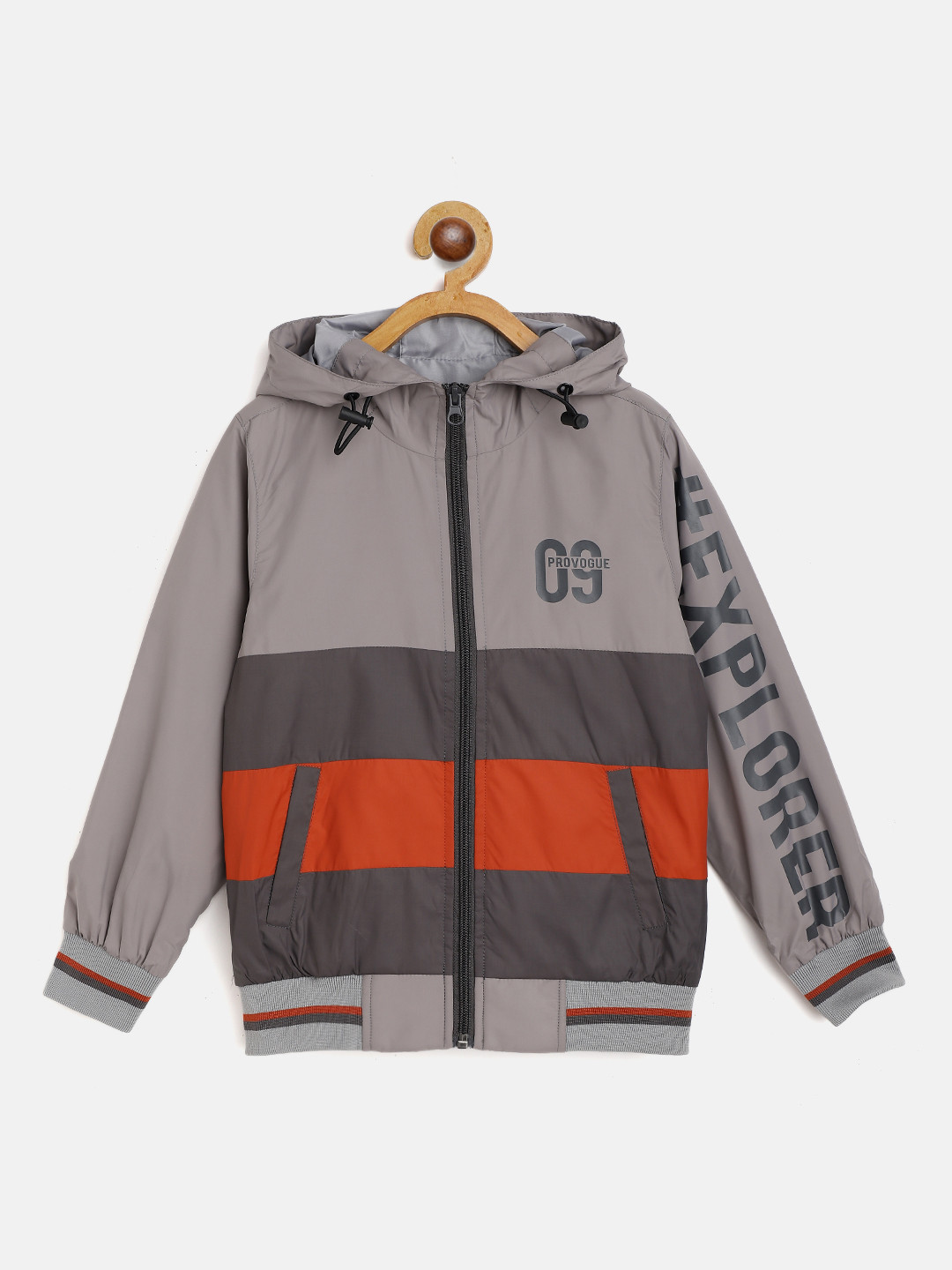 Buy Provogue Boys Grey & Red Colourblocked Hooded Bomber Jacket With ...