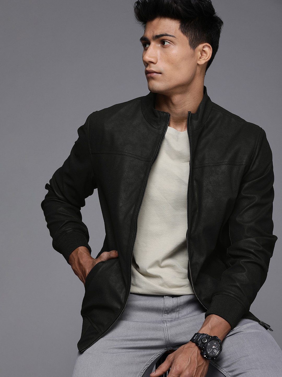 Buy WROGN Men Black Biker Jacket - Jackets for Men 15131124 | Myntra