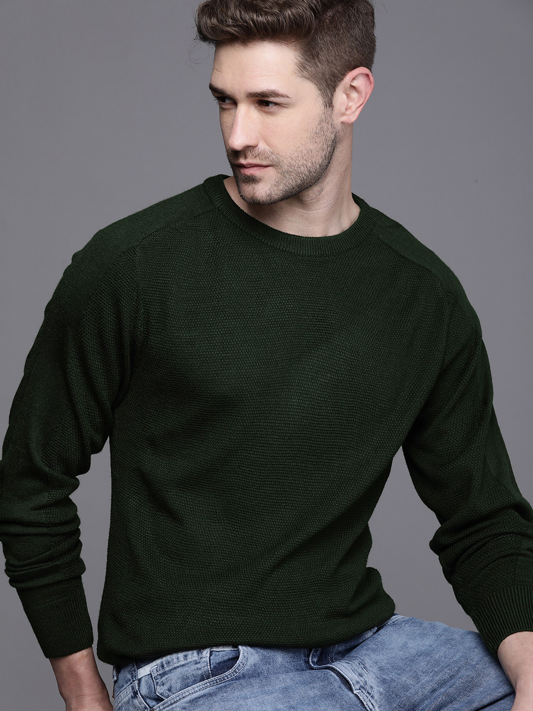Buy WROGN Men Olive Green Self Design Pullover Sweater - Sweaters for ...