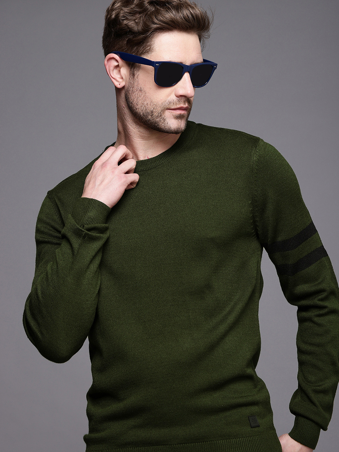 Buy WROGN Men Olive Green Solid Striped Sleeves Pullover Sweater ...