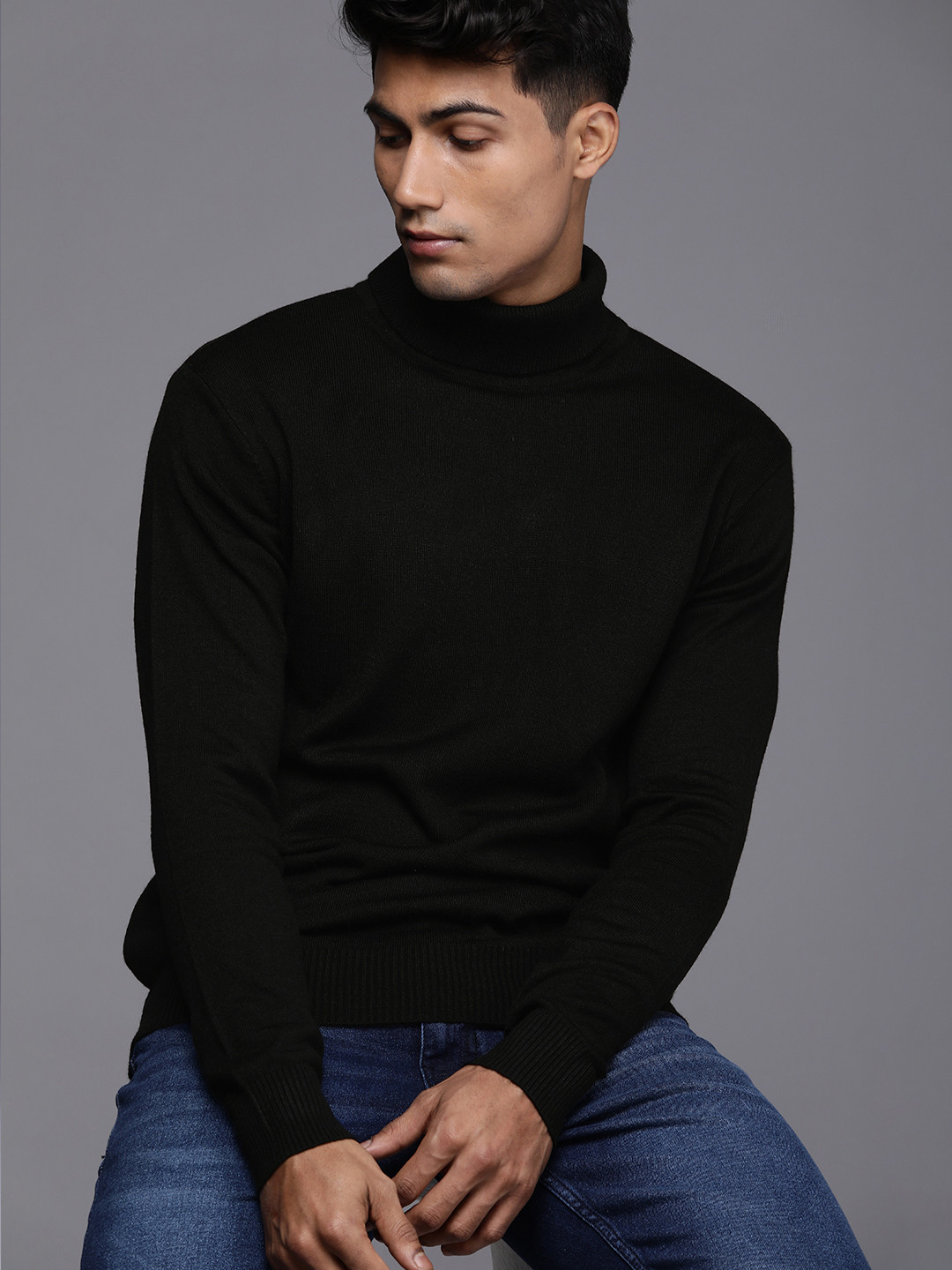 Buy WROGN Men Black Slim Fit Turtle Neck Pullover - Sweaters for Men ...