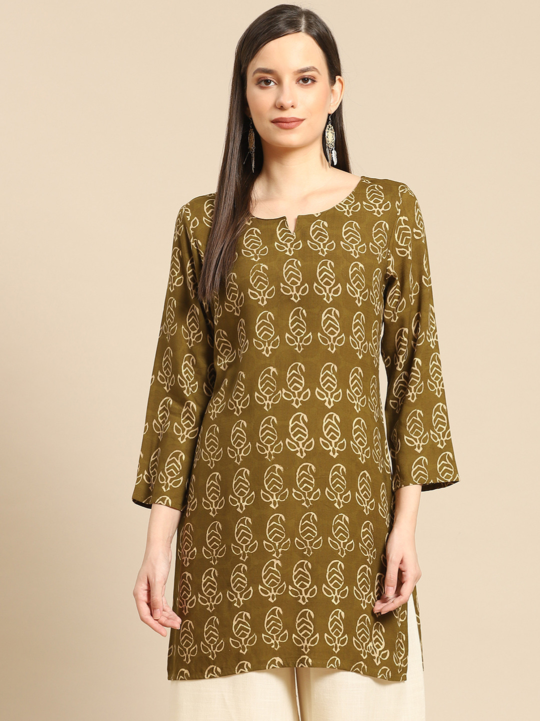 Buy Prakrti Olive Brown Handblock Print Kurti - Kurtis for Women ...