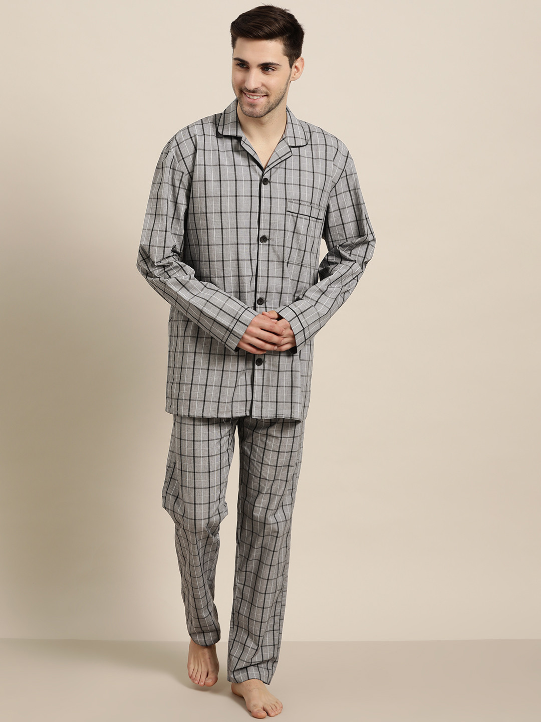 Buy Hancock Men Grey & Black Checked Cotton Night Suit - Night Suits ...