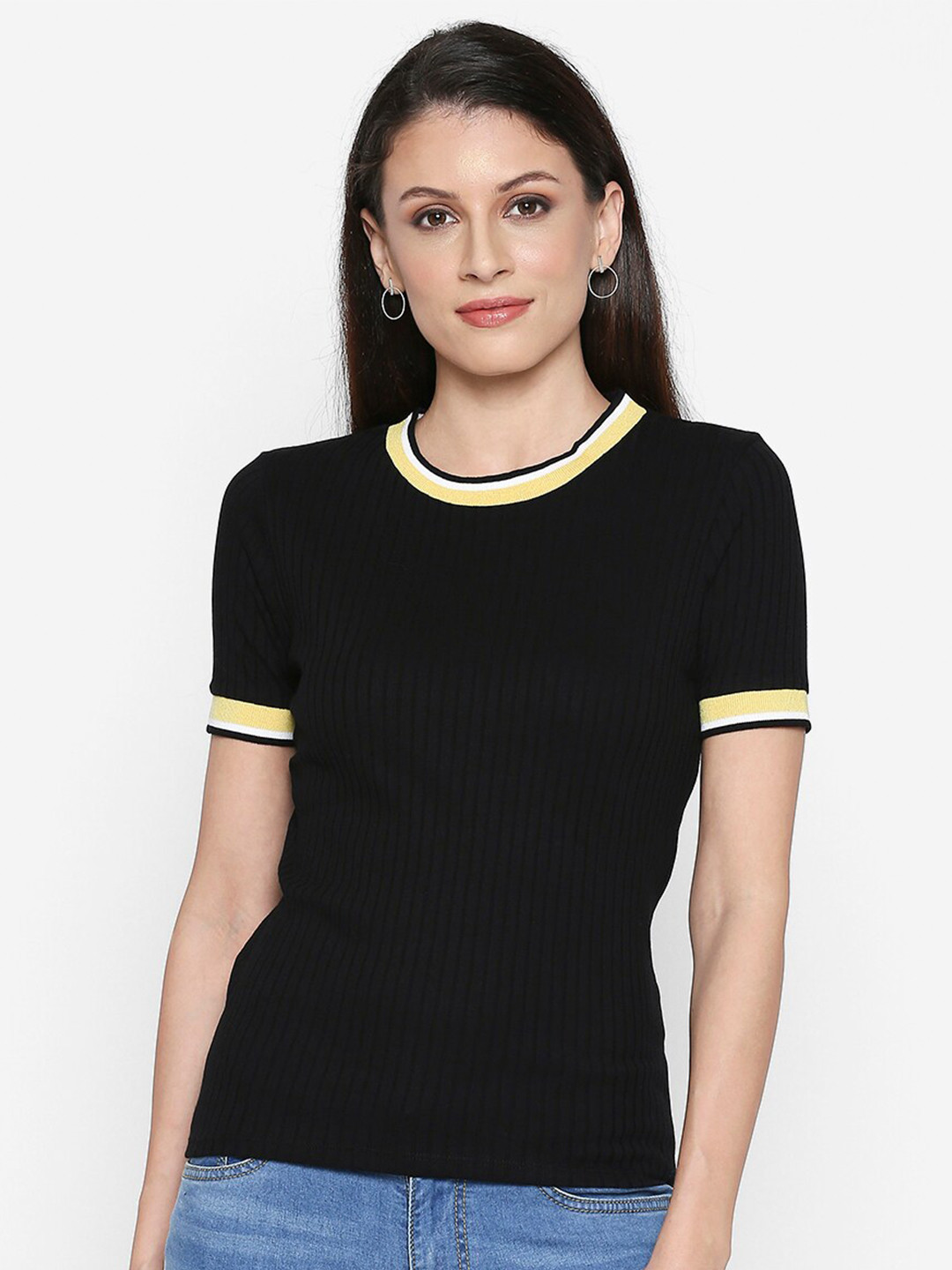 Buy People Women Black Stripped Regular Knitted Top - Tops for Women ...