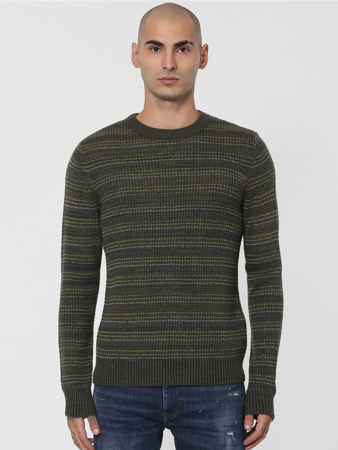 Buy Jack & Jones Men Olive Green & White Striped Cotton Pullover ...