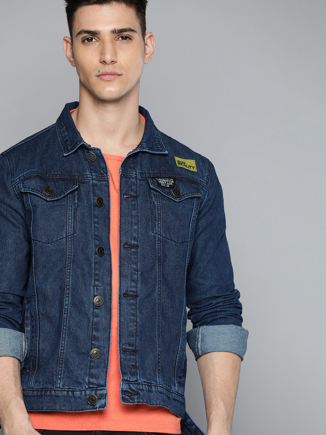 Buy Harvard Men Navy Blue Pure Cotton Applique Detail Denim Jacket ...