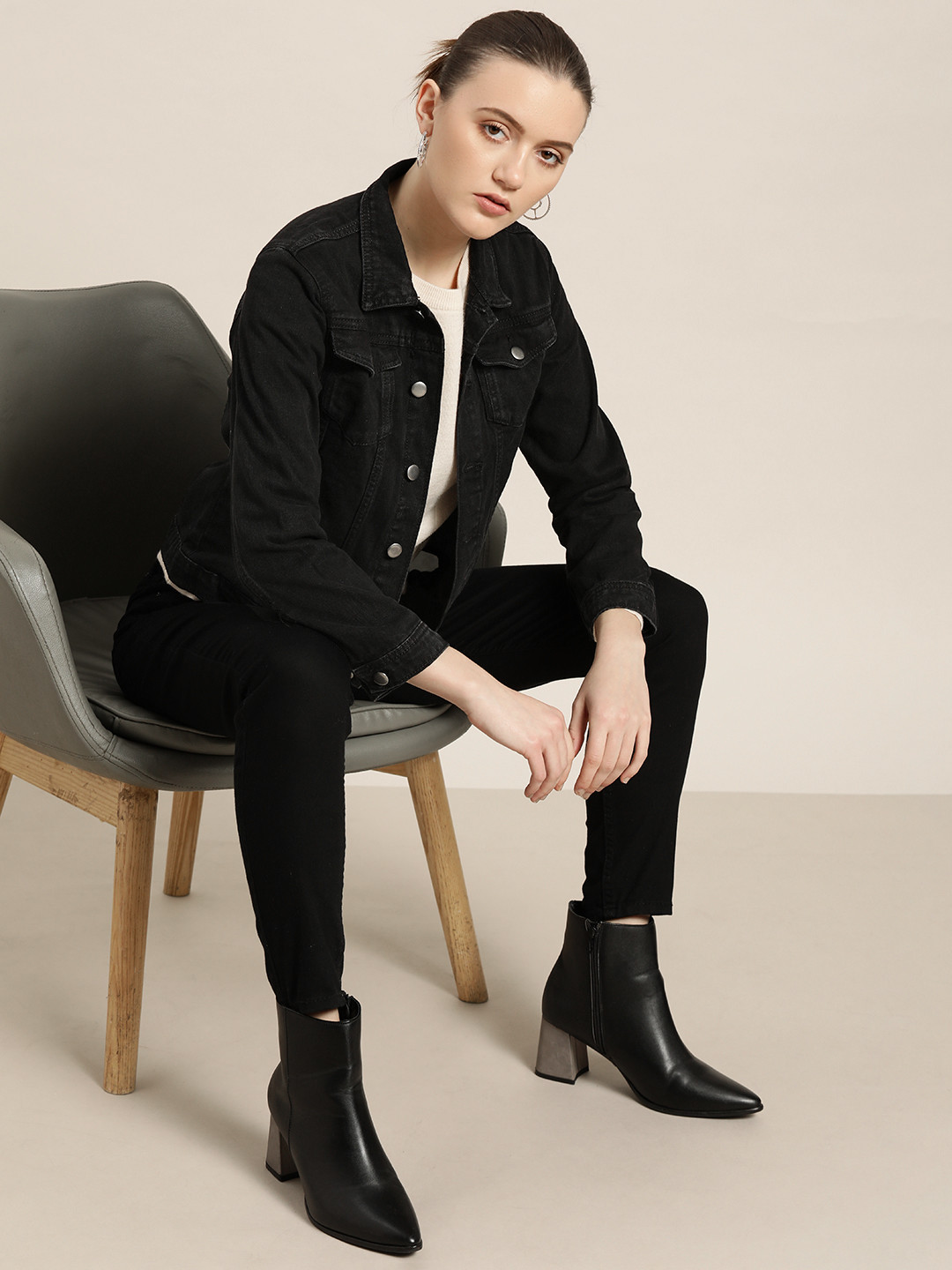 Buy Her By Invictus Women Black Pure Cotton Denim Jacket - Jackets for ...