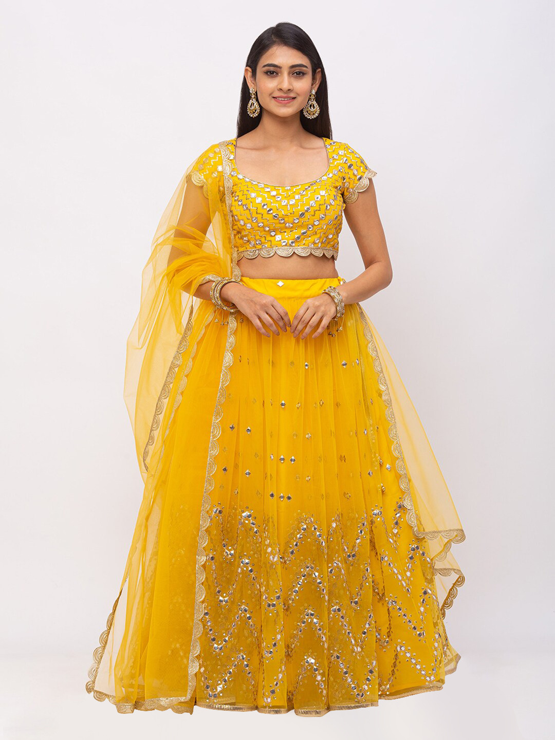 Buy 6Y COLLECTIVE Mustard & Gold Toned Semi Stitched Lehenga Unstitched ...