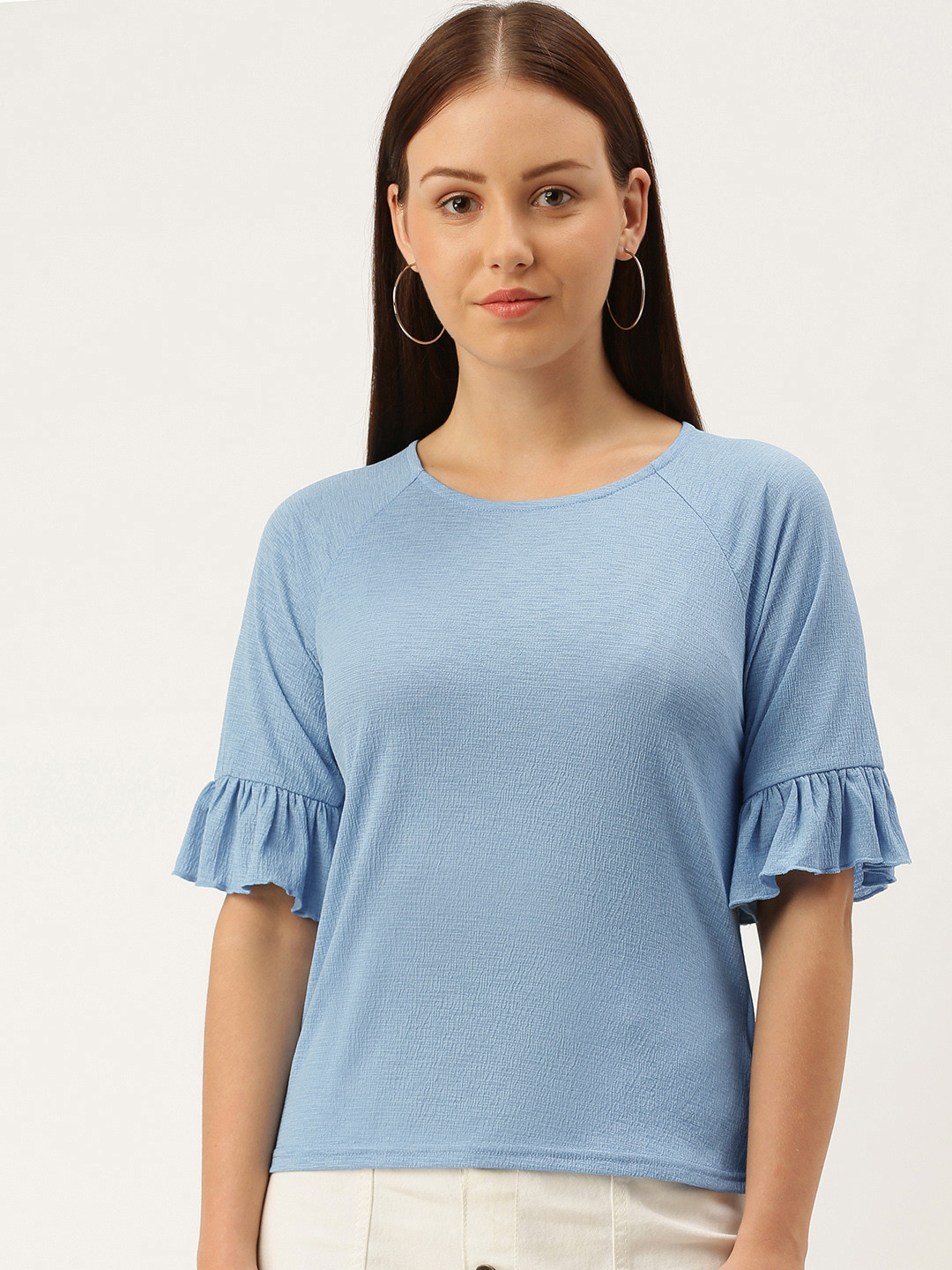 Buy AND Blue Ruffled Raglan Sleeve Regular Top - Tops for Women ...