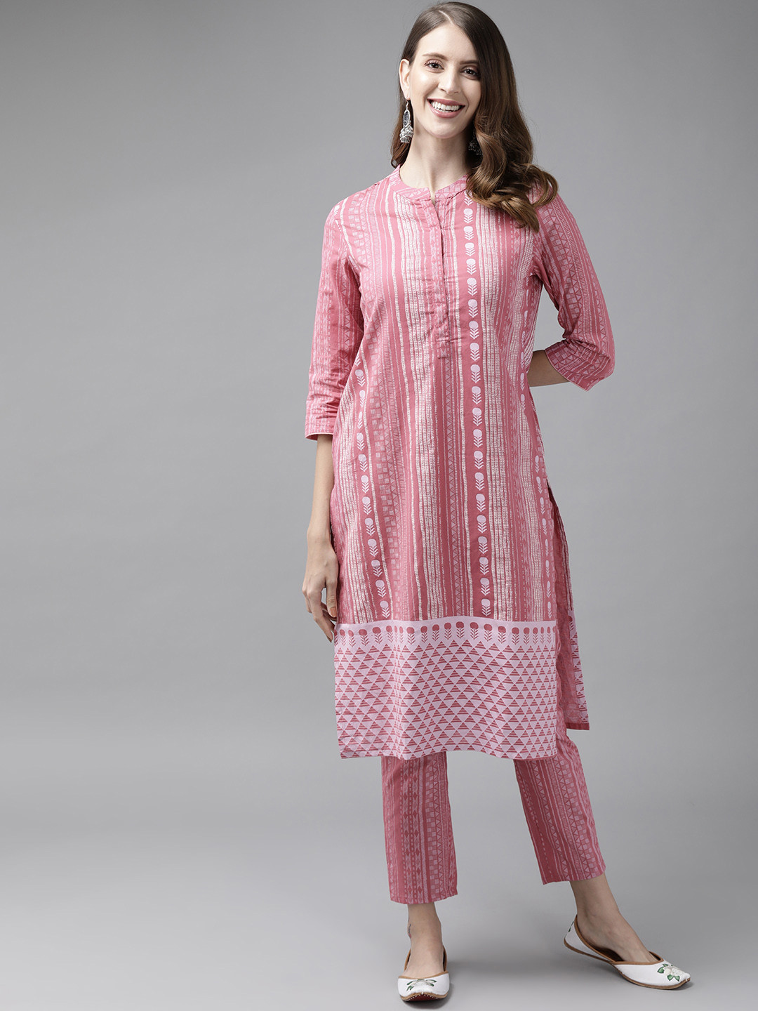Buy ANMI Women Pink & White Printed Yoke Design Pure Cotton Kurta With ...