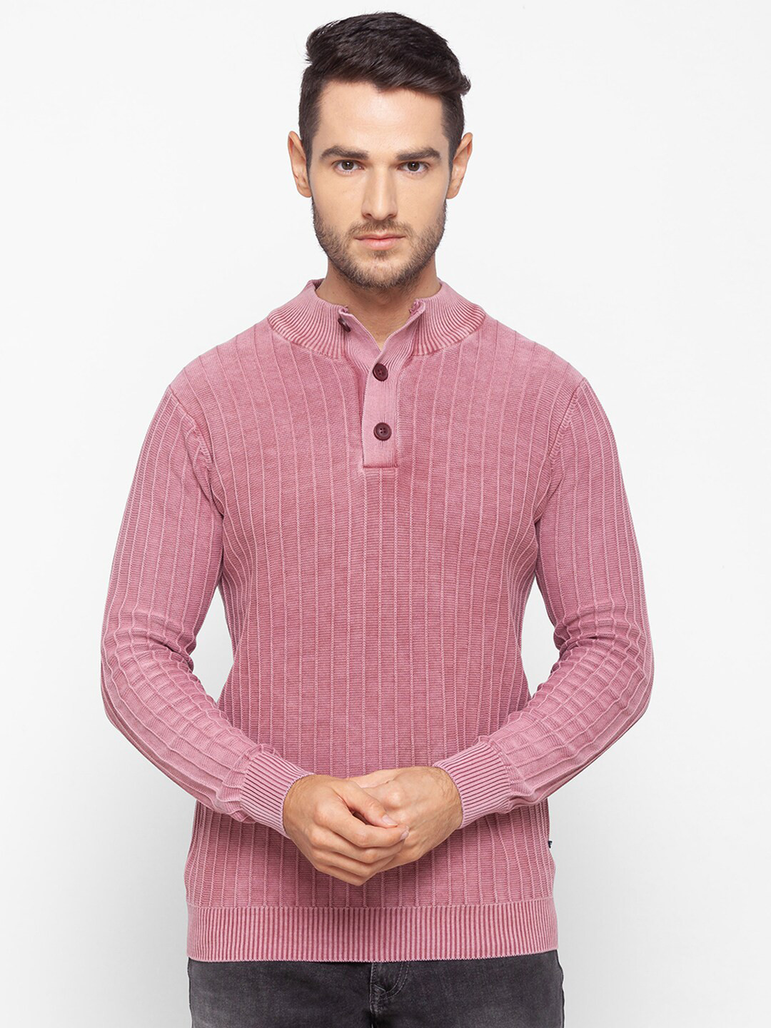 Buy SPYKAR Men Pink Striped Pure Cotton Pullover Sweater - Sweaters for ...
