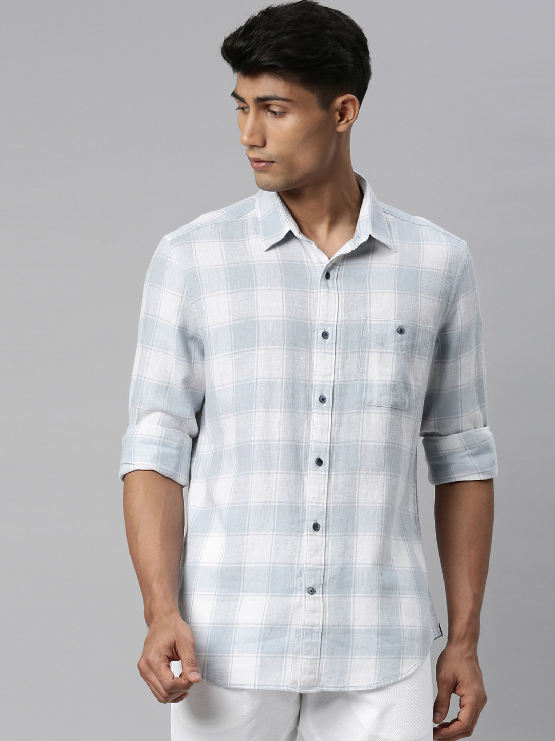 Buy RARE RABBIT Men Blue & White Slim Fit Opaque Checked Casual Shirt ...