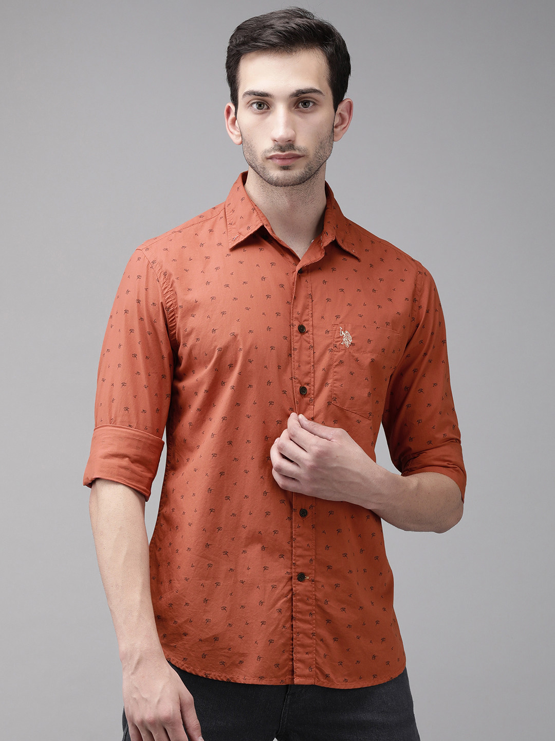 Buy U. S. Polo Assn. Men Coral Opaque Printed Pure Cotton Casual Shirt ...