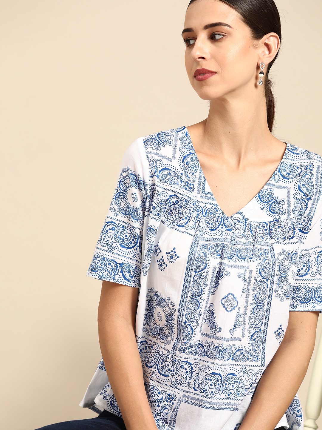 Buy Anouk Women White And Navy Blue Ethnic Print Pure Cotton A Line Top