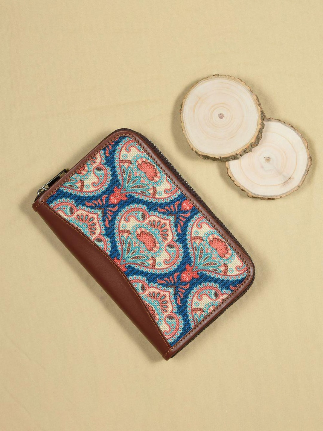 Buy ZOUK Women Blue & Brown Ethnic Motifs Printed Zip Around Wallet ...