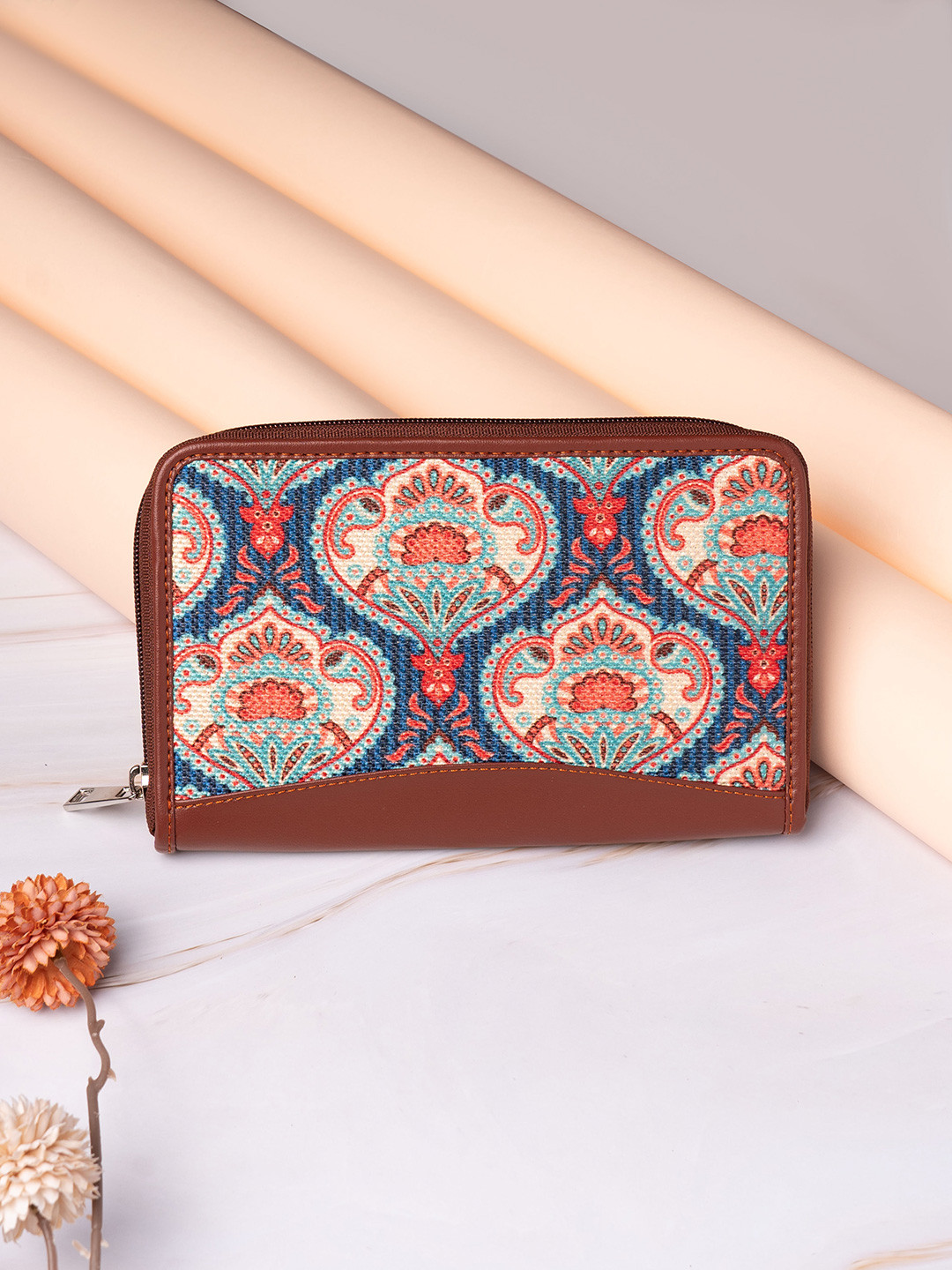 Buy ZOUK Women Blue & Brown Ethnic Motifs Printed Zip Around Wallet ...