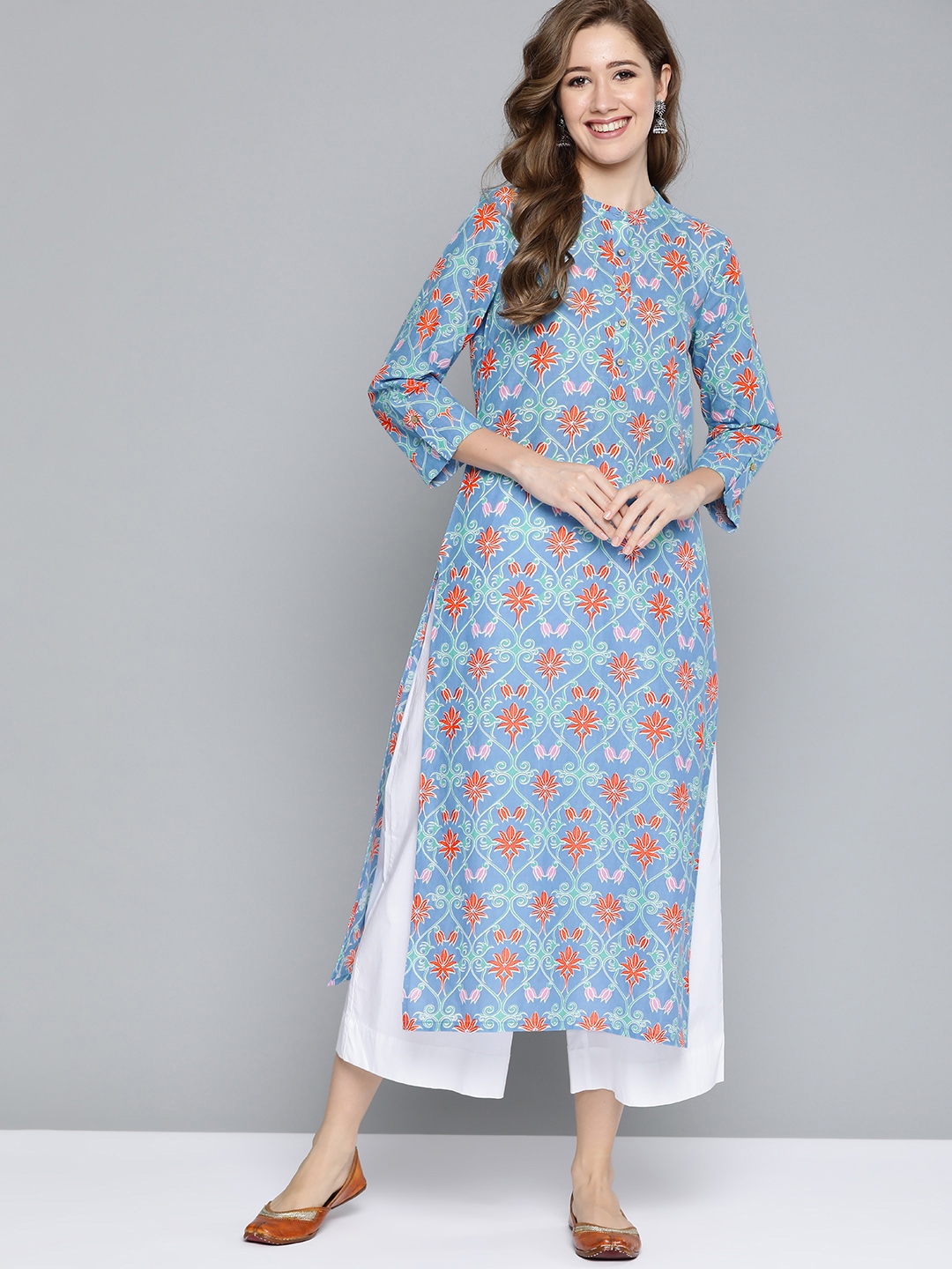 Buy Hereandnow Women Blue And Red Pure Cotton Ethnic Motifs Printed