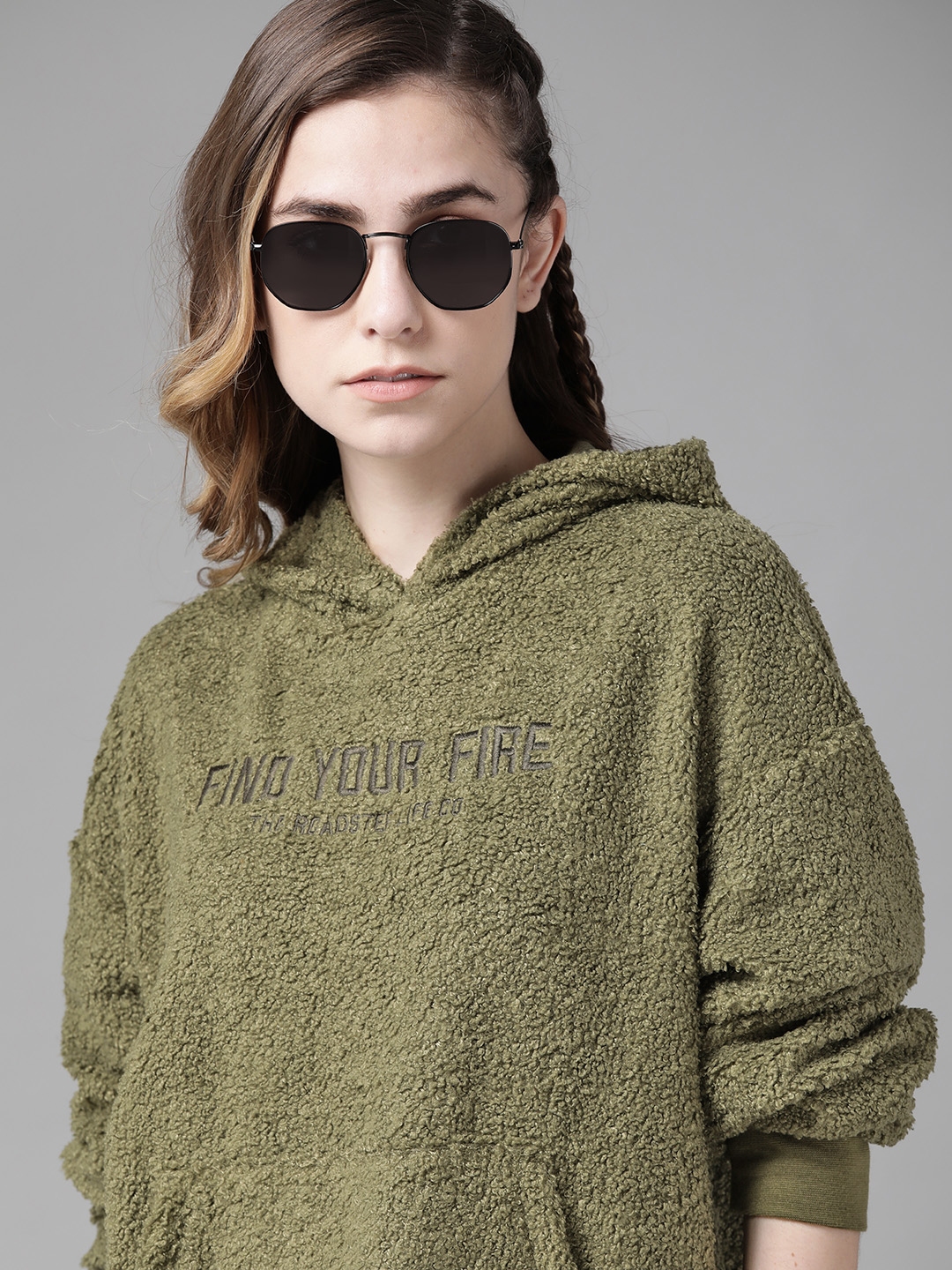Buy Roadster Women Olive Green Solid Boucle Hooded Sweatshirt