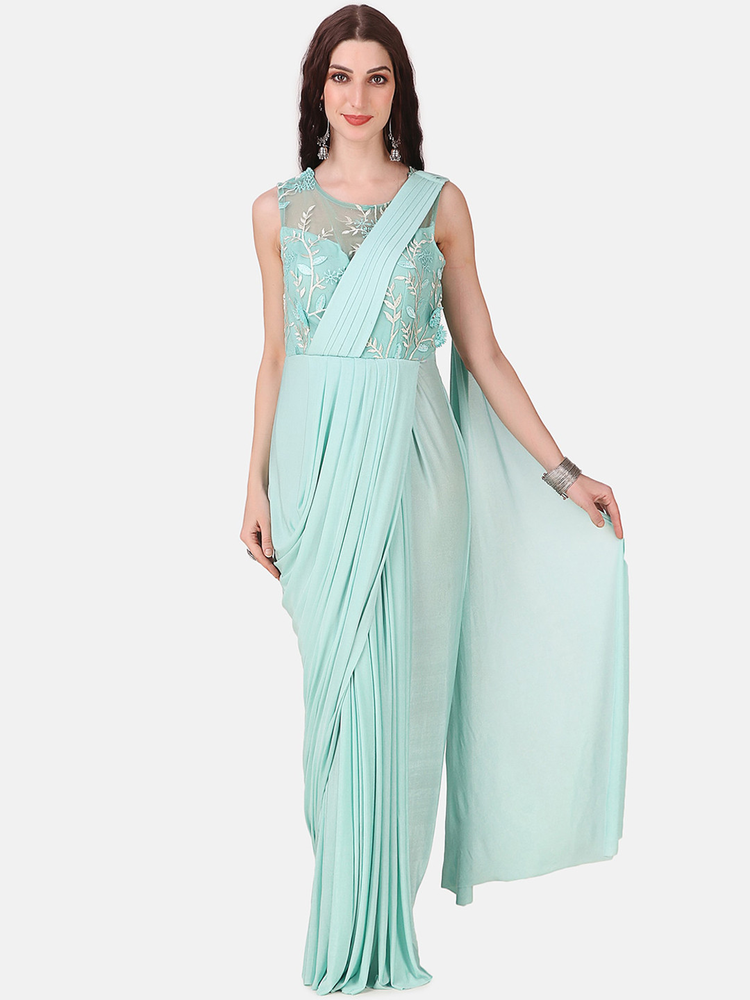 Buy Grancy Turquoise Blue Floral Embroidered Velvet Maxi Dress ...