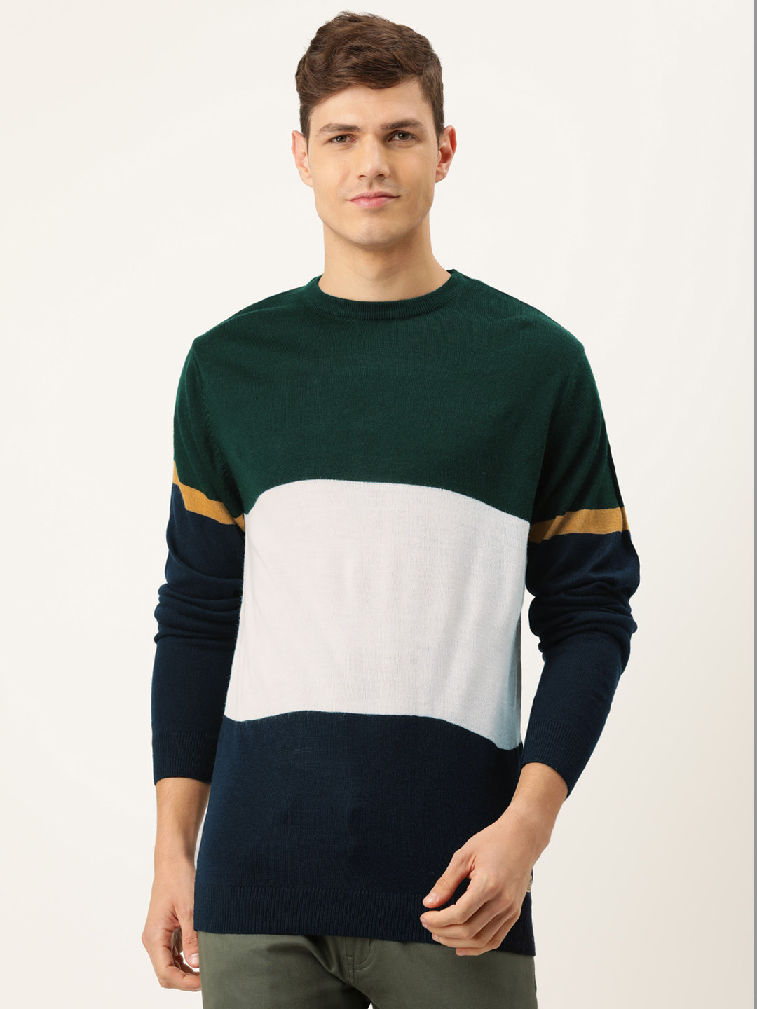 Buy PETER ENGLAND UNIVERSITY Men Green & Navy Blue Colourblocked Pure ...