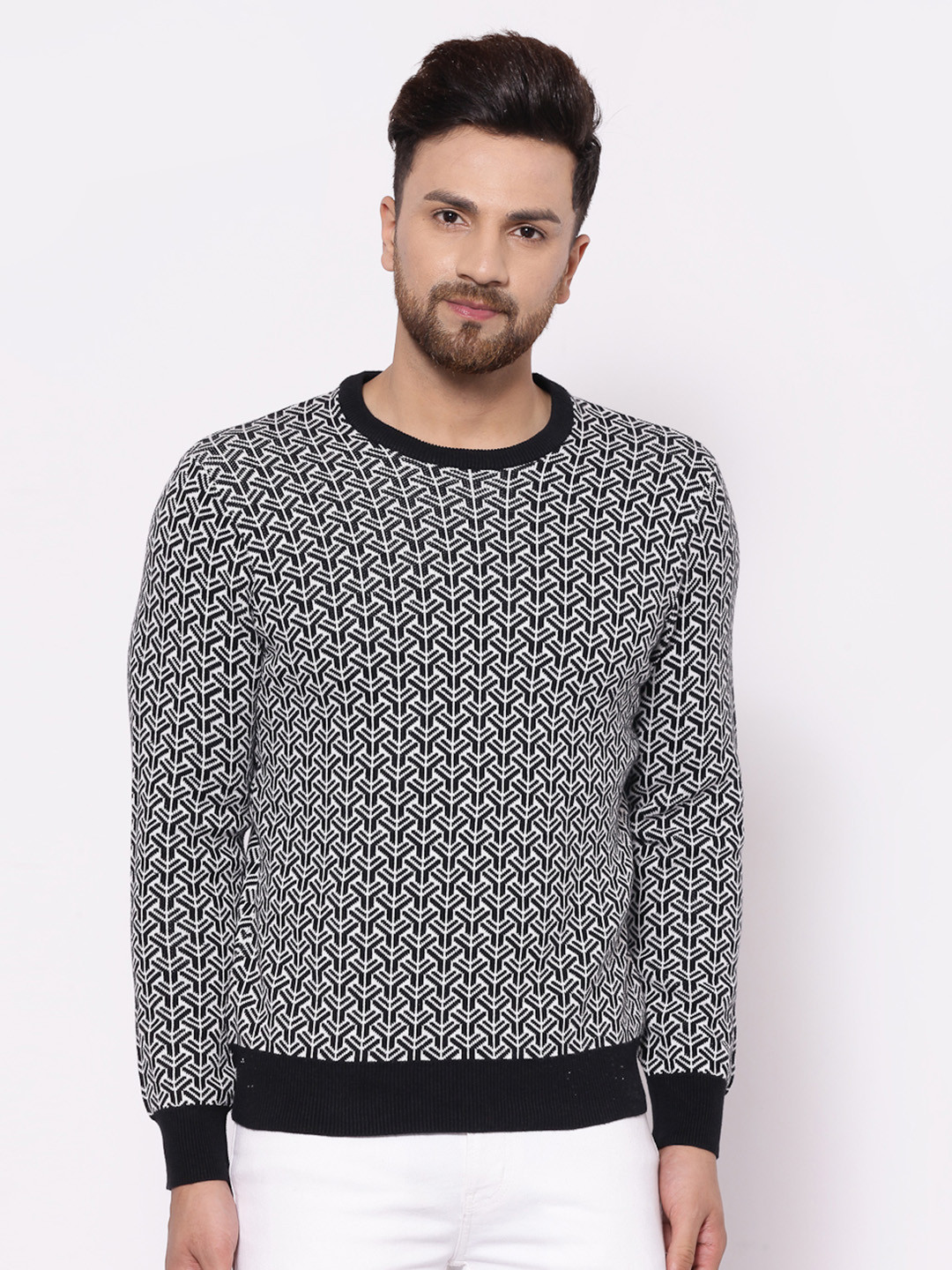 Buy Red Tape Men Black & White Printed Pullover - Sweaters for Men ...