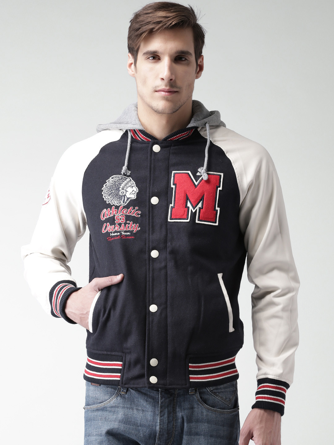 Buy ALCOTT Navy & White Varsity Detachable Hooded Jacket - Jackets for ...