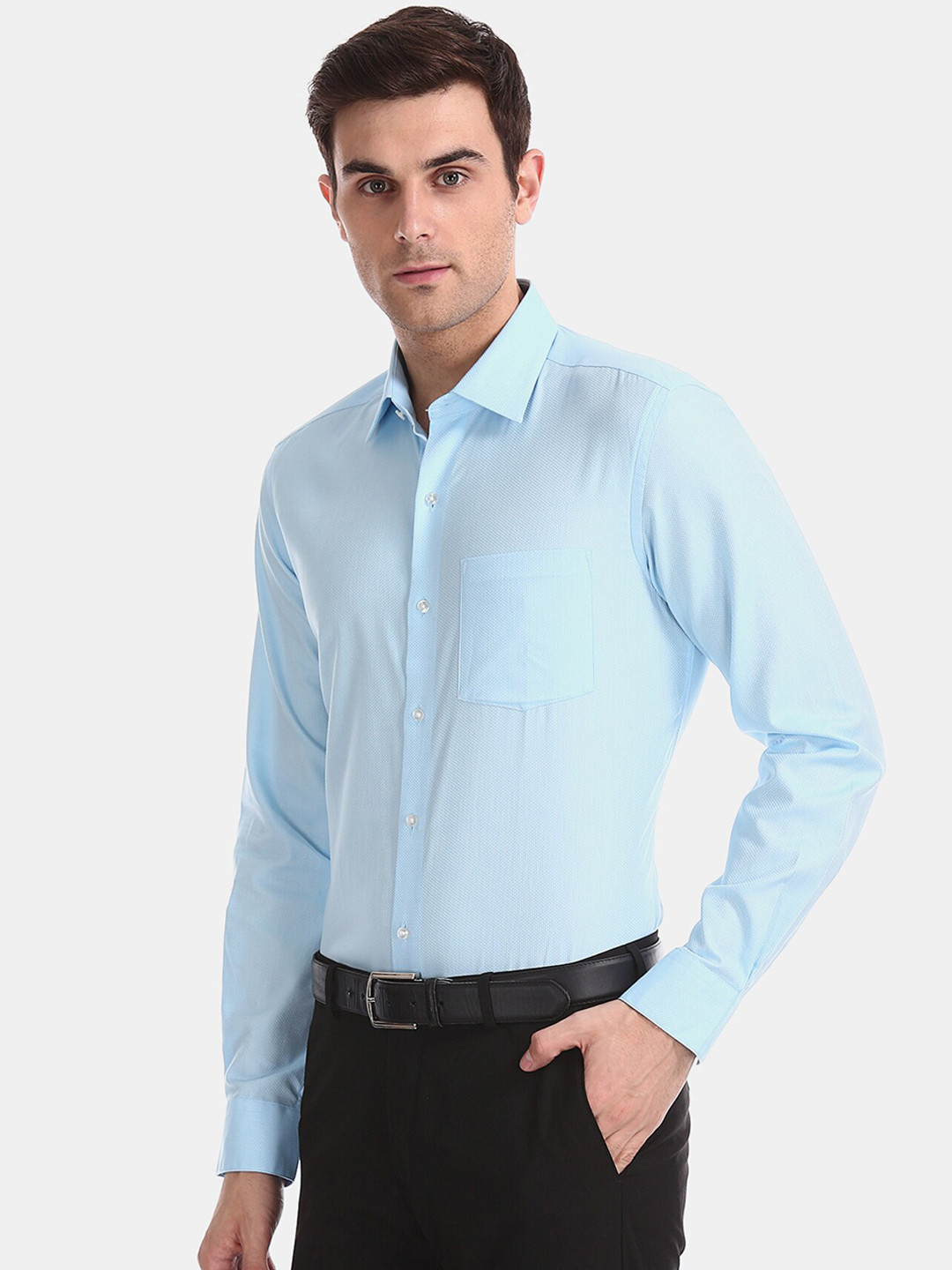 Buy Arrow Men Turquoise Blue Slim Fit Opaque Pure Cotton Patterned ...