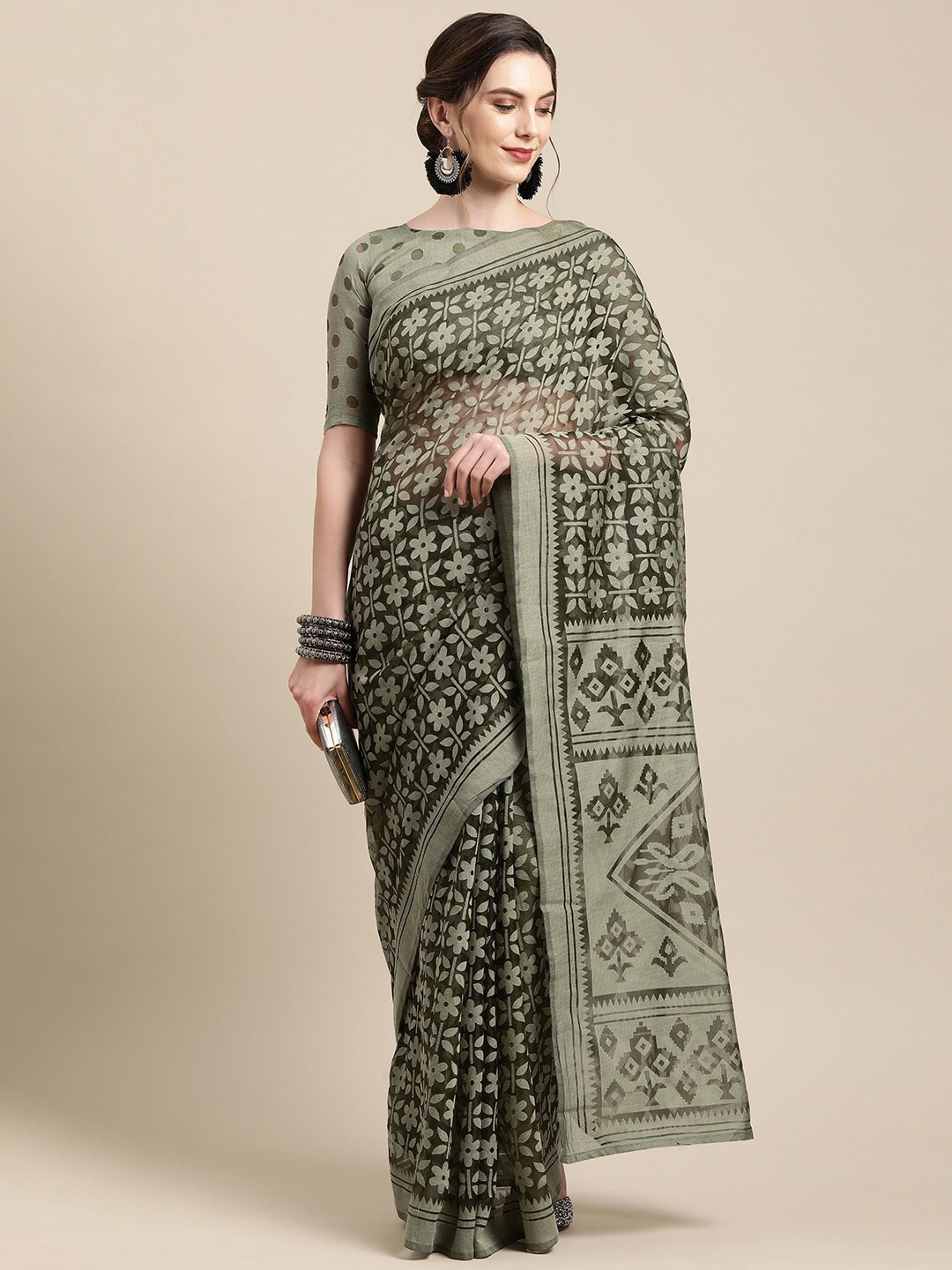 Buy Saree Mall Olive Green Floral Printed Brasso Saree - Sarees for ...