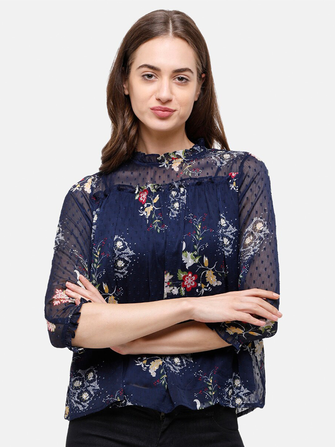 Buy Double Two Women Blue Printed Self Design Regular Top - Tops for ...