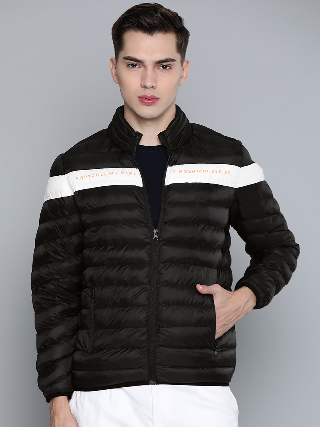 Buy Fort Collins Men Black & White Striped Puffer Jacket - Jackets for ...
