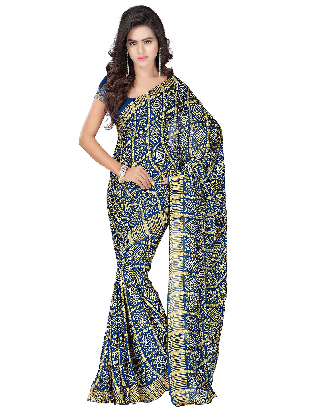 Buy MOKSHA DESIGNS Navy Blue & White Bandhani Pure Crepe Bandhani Saree ...
