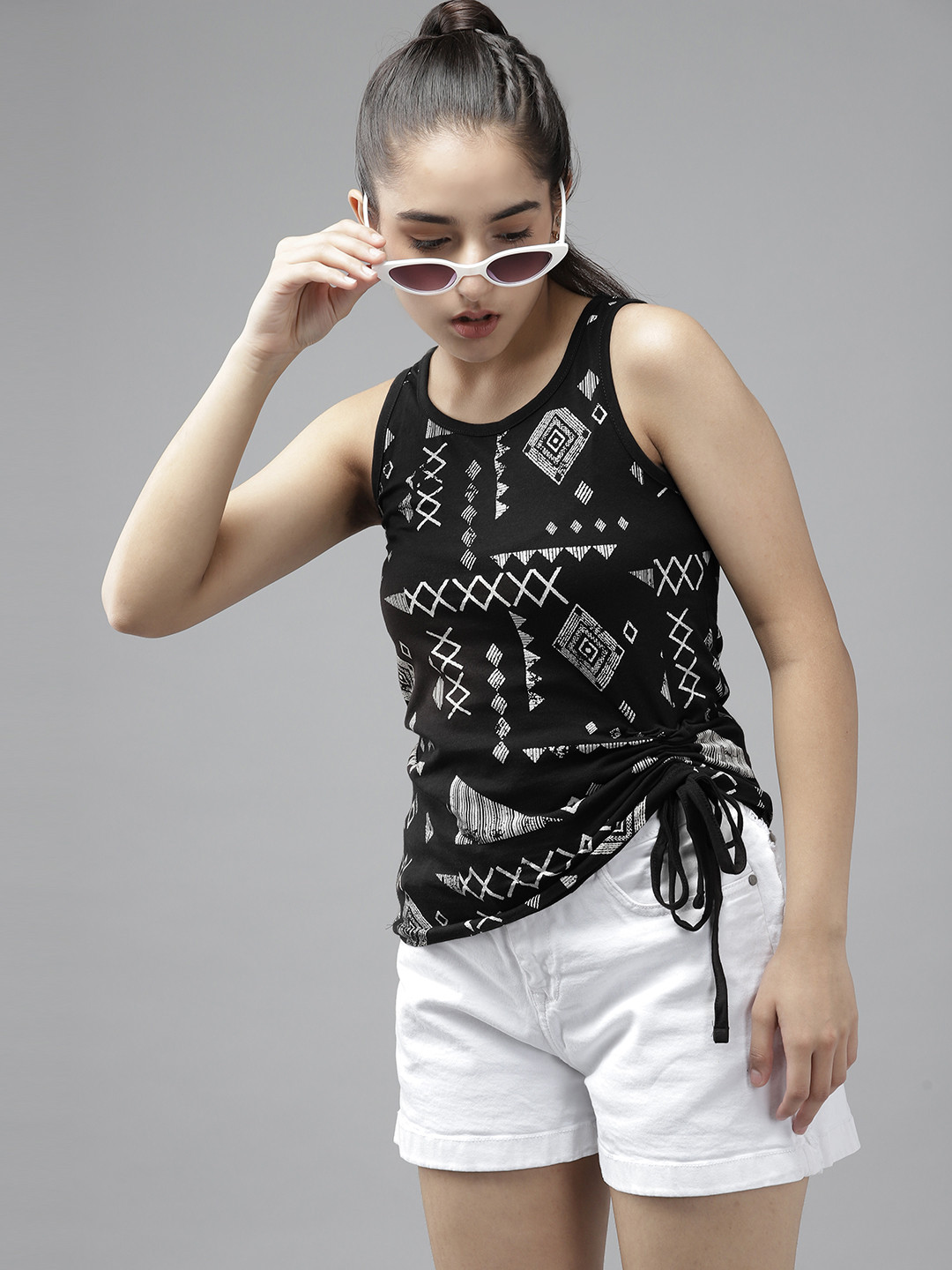 Buy UTH By Roadster Girls Black & White Geometric Print Cotton A Line ...