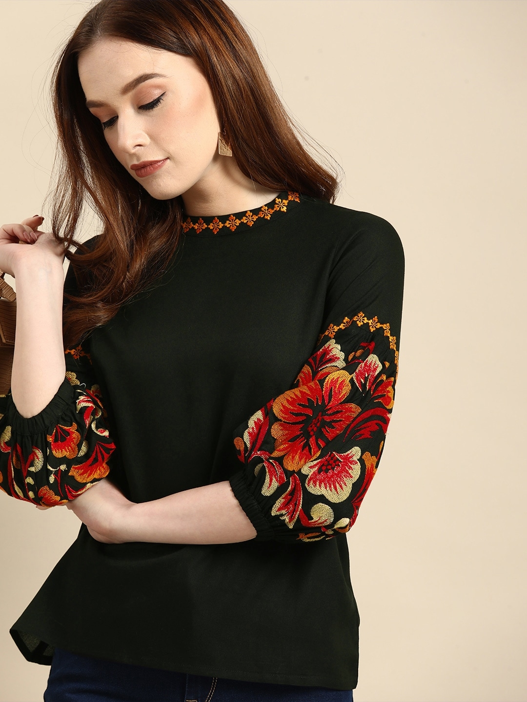 Buy All About You Women Black Floral Print Mandarin Collar Bishop