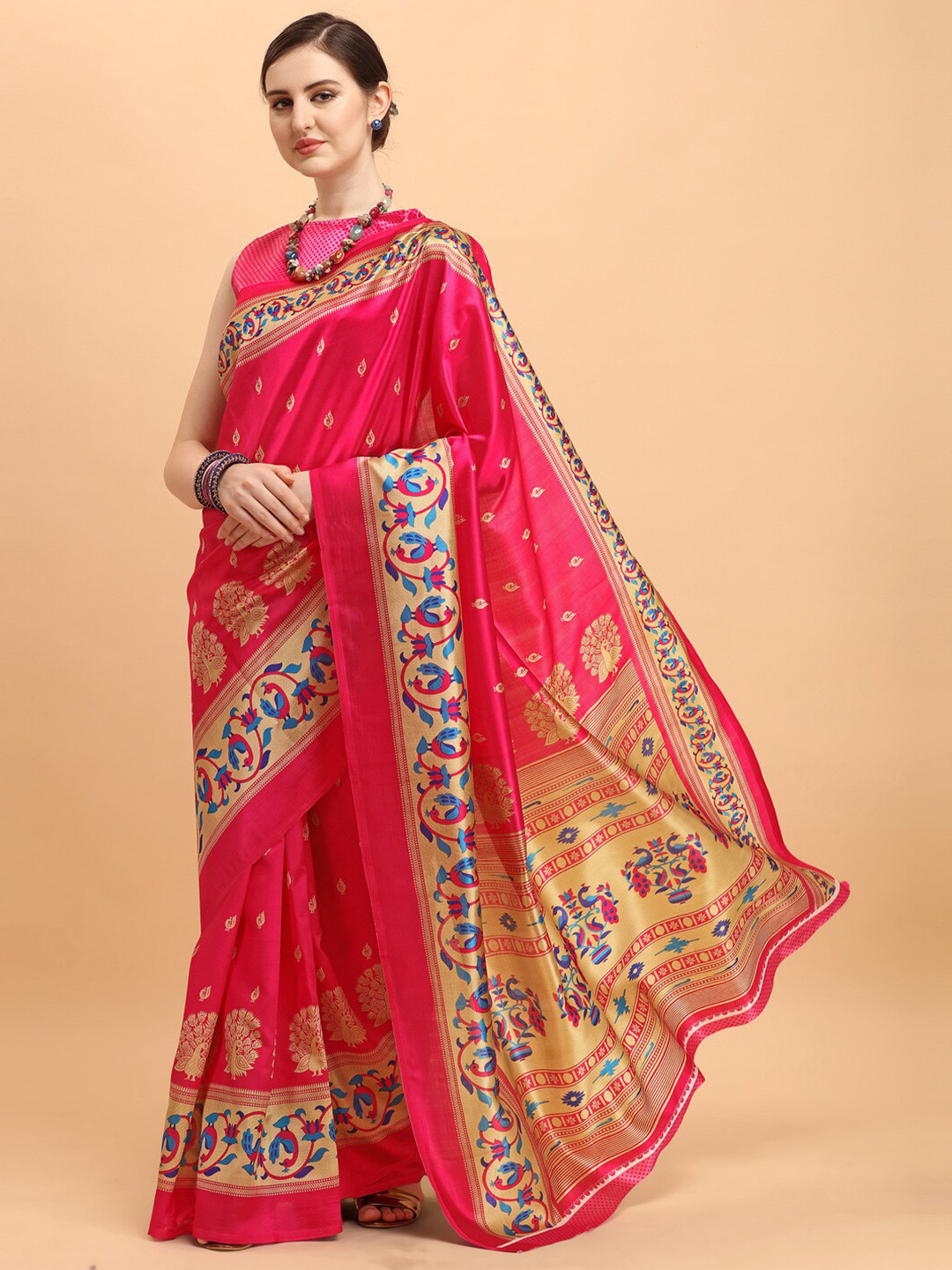 Buy KALINI Pink & Blue Printed Art Silk Saree - Sarees for Women ...