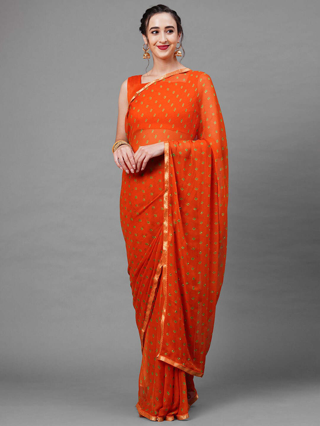 Buy Mitera Orange & Green Printed Zari Saree - Sarees for Women ...