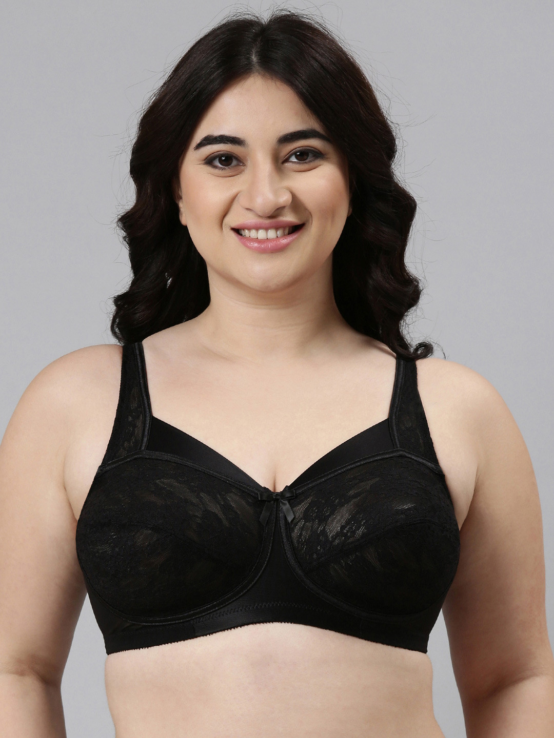 Buy Enamor Women Black Non Padded Non Wired Full Support Lace Bra With Sectioned Cups FB06 - Bra ...