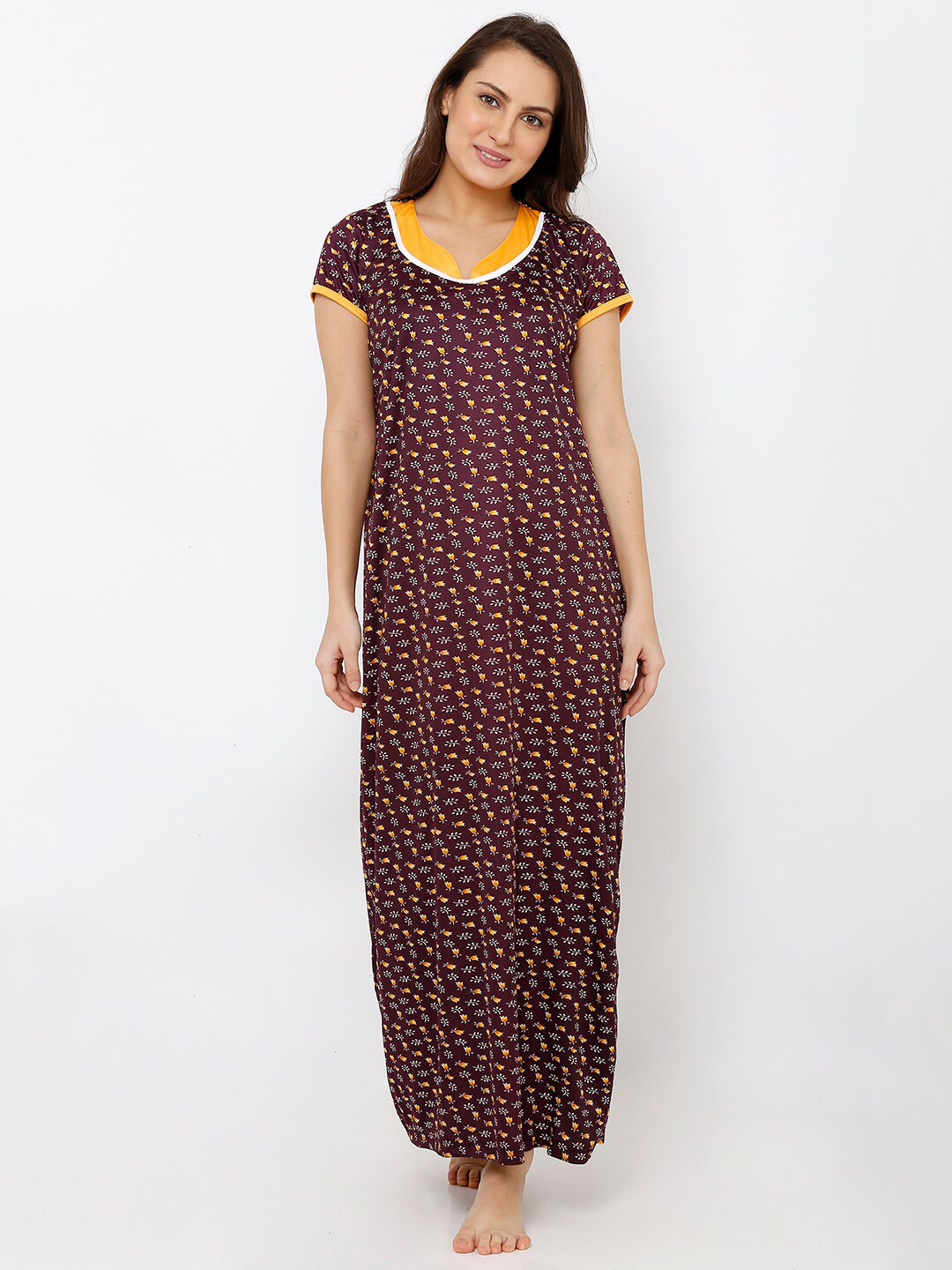Buy Pretty Awesome Brown Floral Printed Maxi Nightdress - Nightdress ...