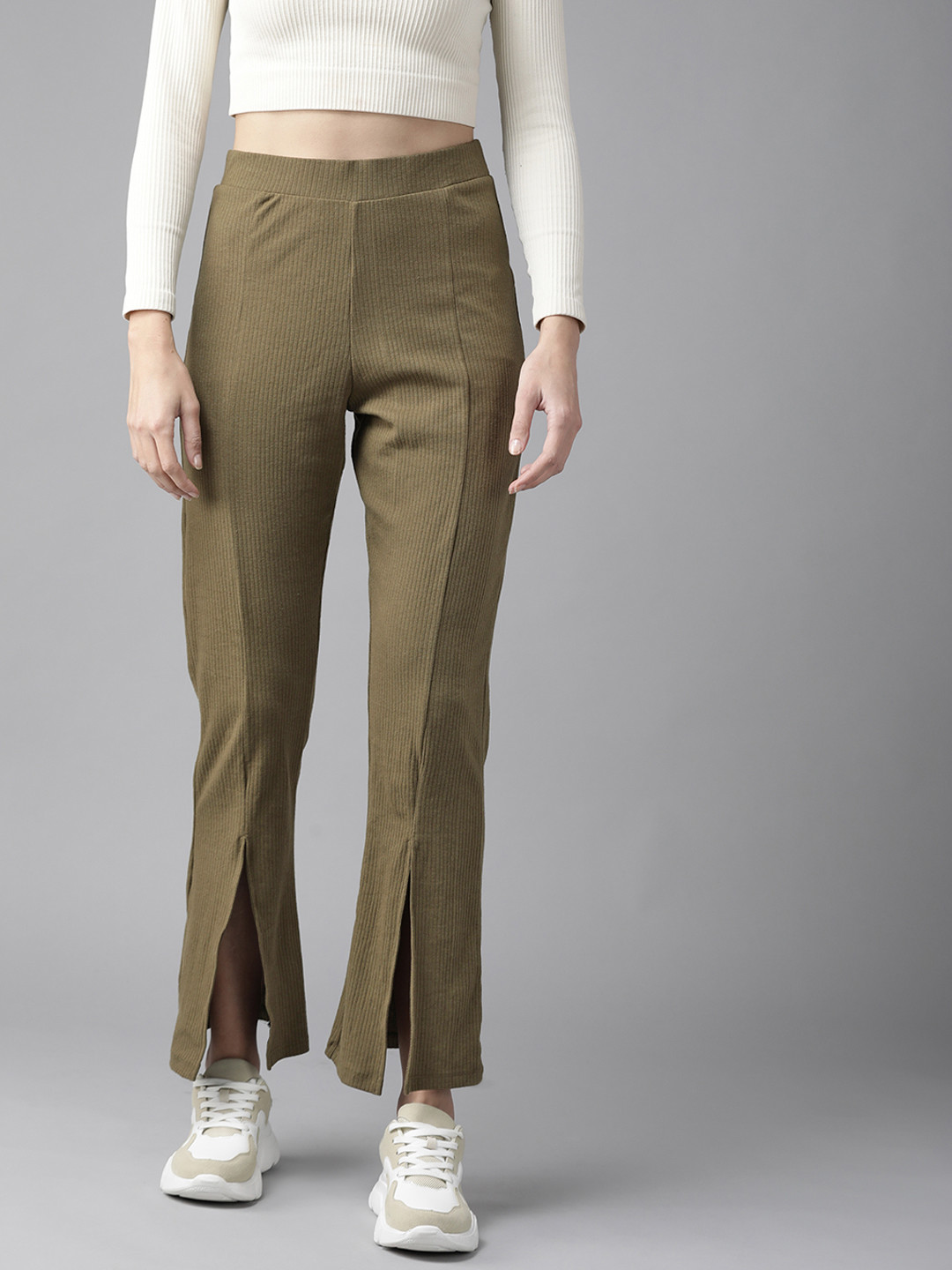 Buy Roadster Women Olive Green Front Slit Trousers - Trousers for Women ...